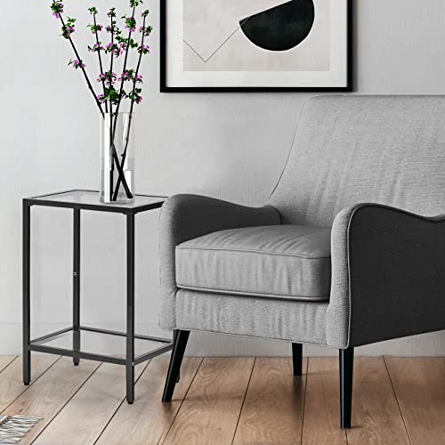 HOMSHO Side Tables Set of 2, End Tables with Tempered Glass, 2-Tier Nightstands with Storage Shelves, Slim Sofa Table for Living Room, Bedroom (2, Black)