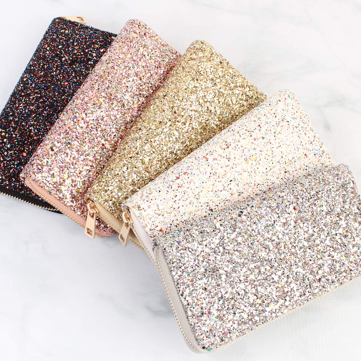 MYS Collection RIAH FASHION Rainbow Glitter Zip Around Wallet - Sparkly Confetti Single Zipper Clutch Purse with Card Slots (Rainbow - Red)