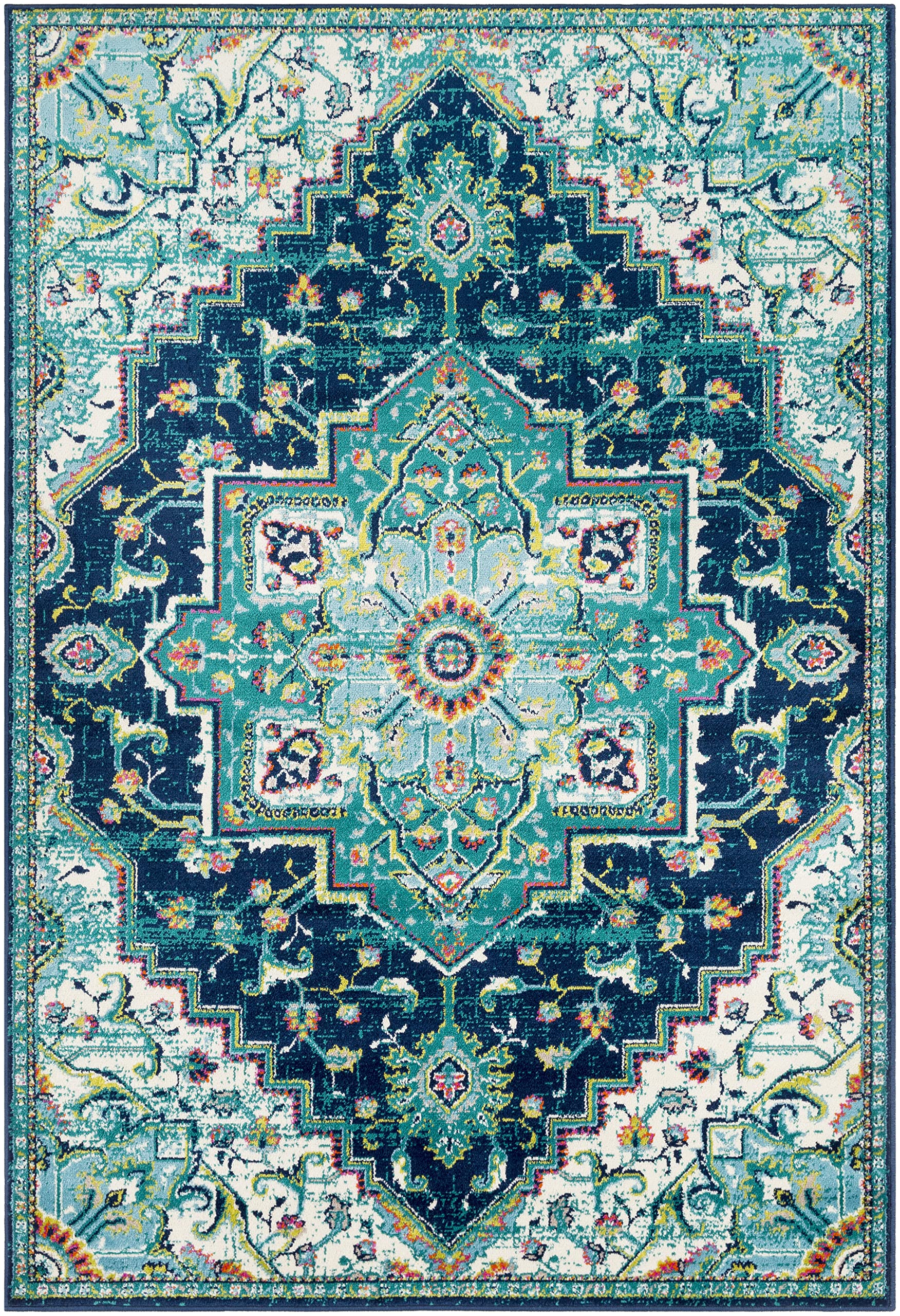 Livabliss Wendy Vintage Medallion Area Rug,5'3" x 7'9",Teal/Dark Blue