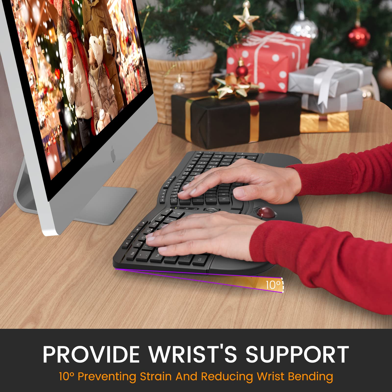 Ergonomic Keyboard, 2 in 1 Wireless Computer Keyboard and Trackball Mouse Combo Design with Wrist Rest, Split Keyboard, USB Keyboard for Windows/Mac/Laptop/Computer/PC-Black