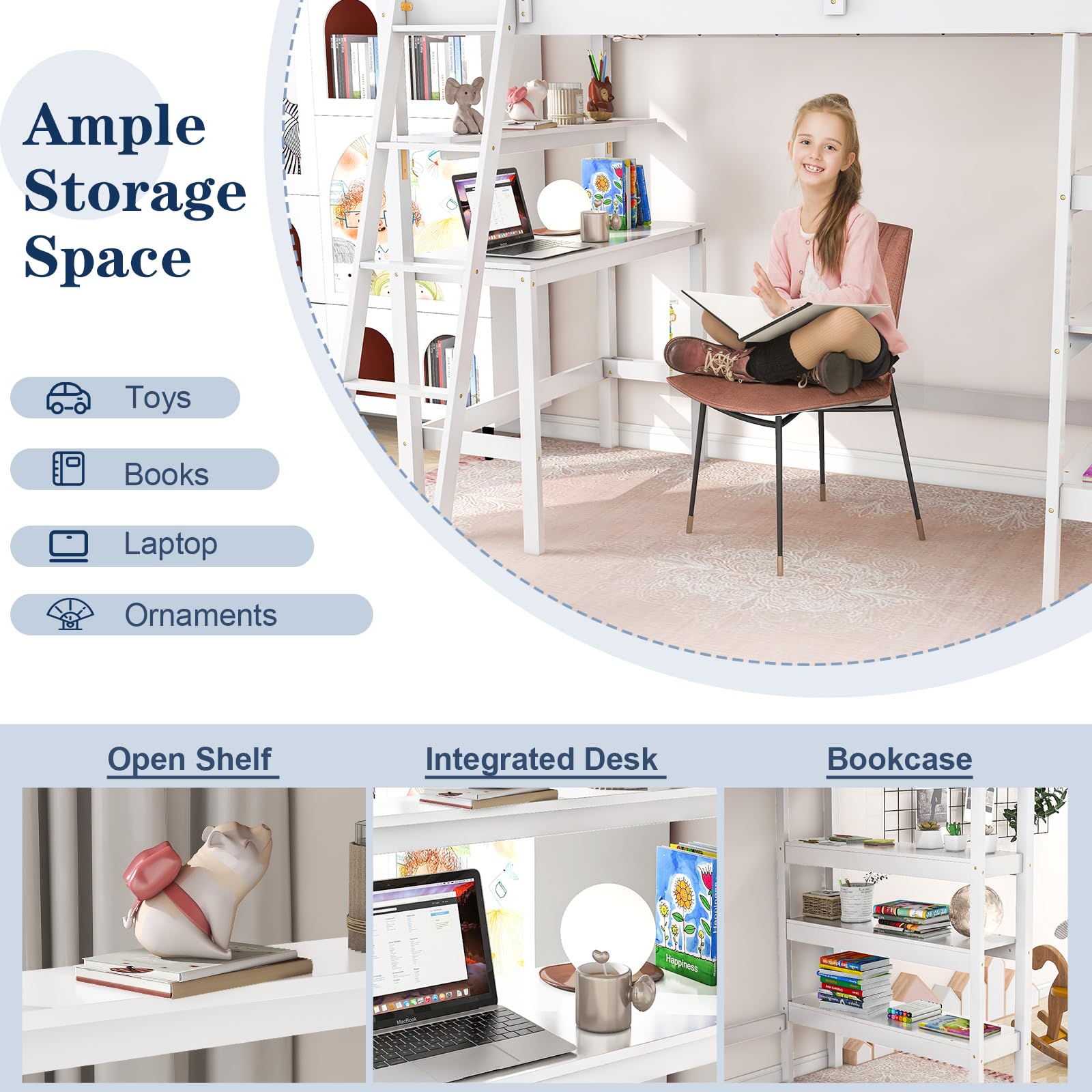 KOMFOTT Twin Loft Bed with Desk & Storage Shelves, Wood Loft Bed Frame for Kids Teens with Bookcase, Ladder, Guardrail, No Box Spring Needed, Space-Saving Loft Bed for Dorm, Apartment