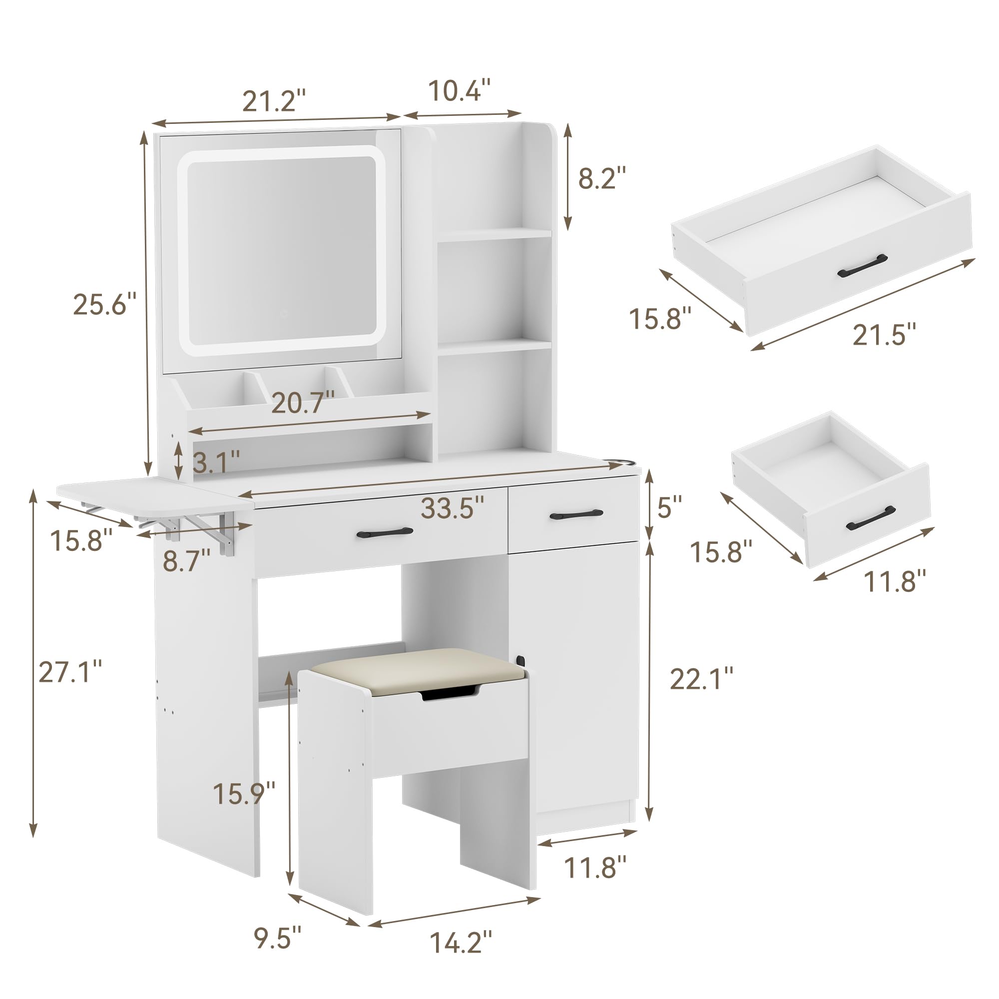 Dowinx Vanity Desk with Mirror and Light, Makeup Vanity with Power Outlet & Storage Stool, Vanity Table with 3 Drawers & 7 Open Shelves, Adjustable 3 Lighting Colors for Bedroom, White