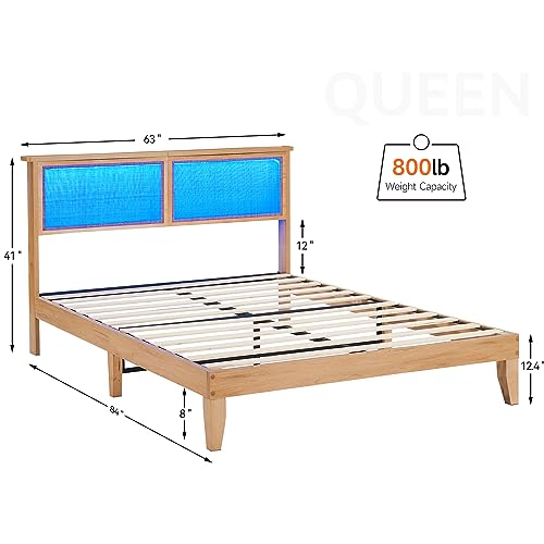 GAOMON 12.4 Inch Deluxe Solid Wood Queen Bed Frame with Natural Rattan Headboard, Queen Size Platform Bed Frame with LED Lights, Mattress Foundation, Noise-Free, No Box Spring Needed