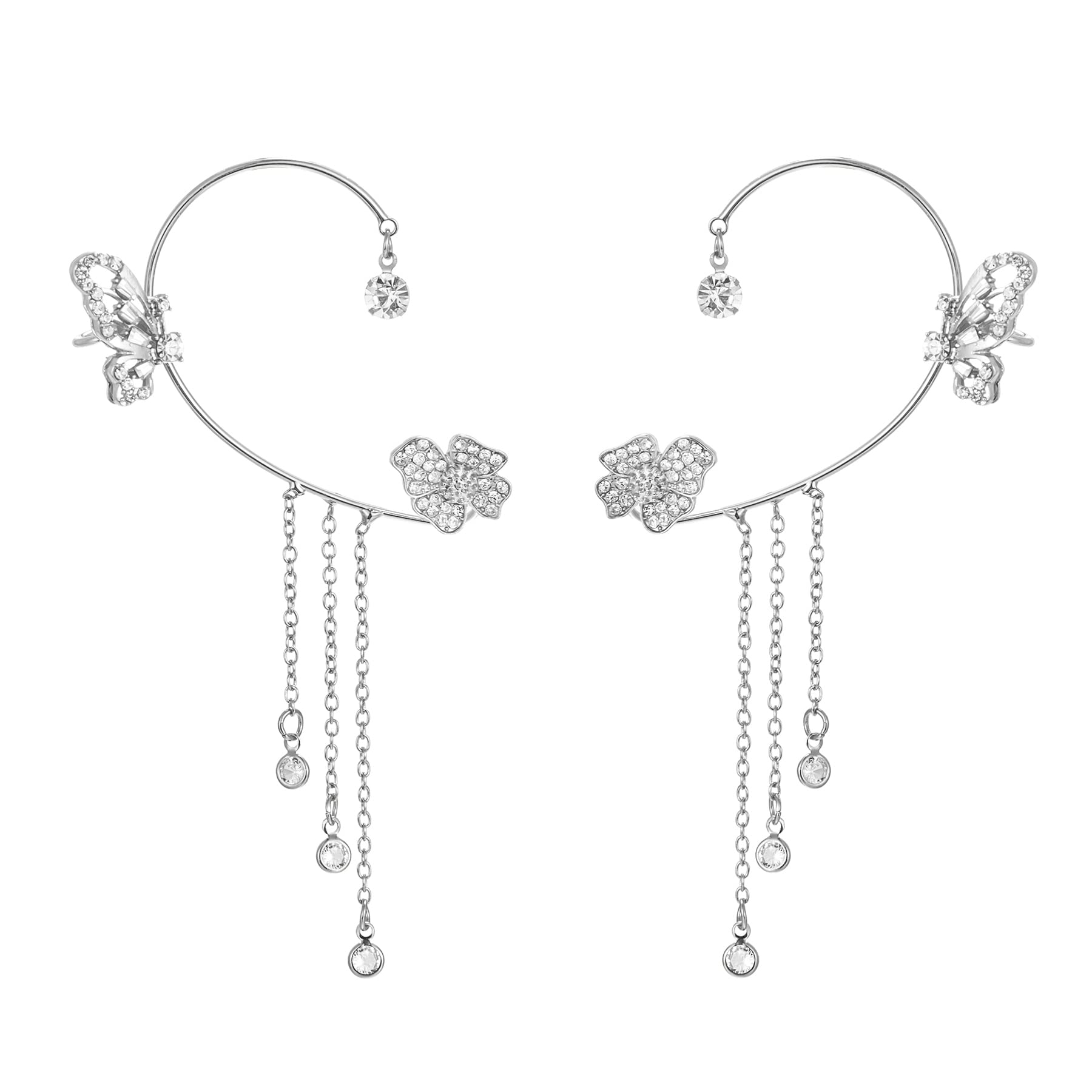 Butterfly Tassel Style Zircon Earrings Flowers Long Tassel Zircon Earrings Clips Charm No Piercing Ear Clip Jewelry for Women (Silver)