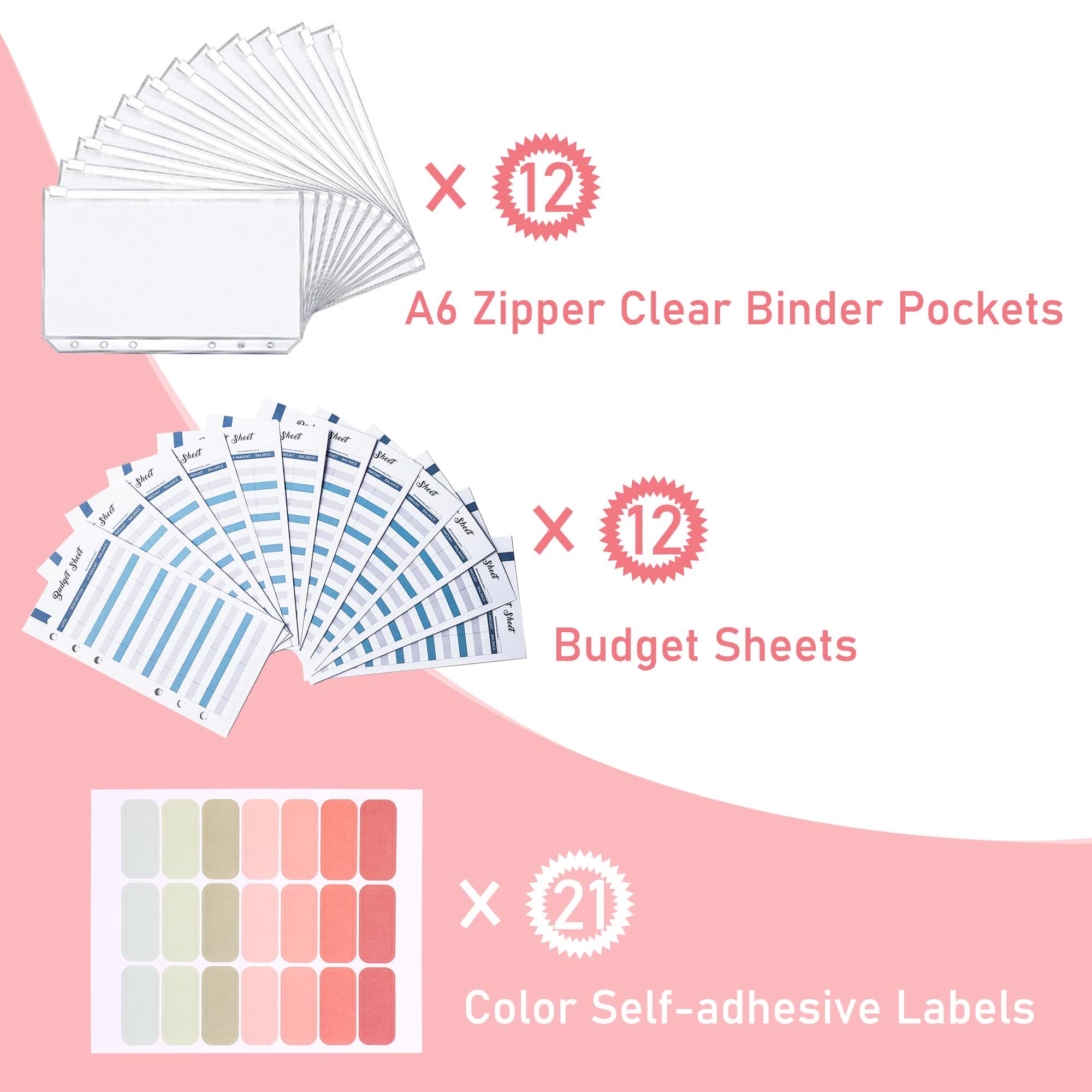 Budget Binder with Cash Envelopes for Budgeting, PU Leather Money Organizer Binder, 6 Ring Cash Binder with 12PCS Clear Zipper Envelopes, 12PCS Budget Sheets, 21PCS Color Labels, A6, Pink