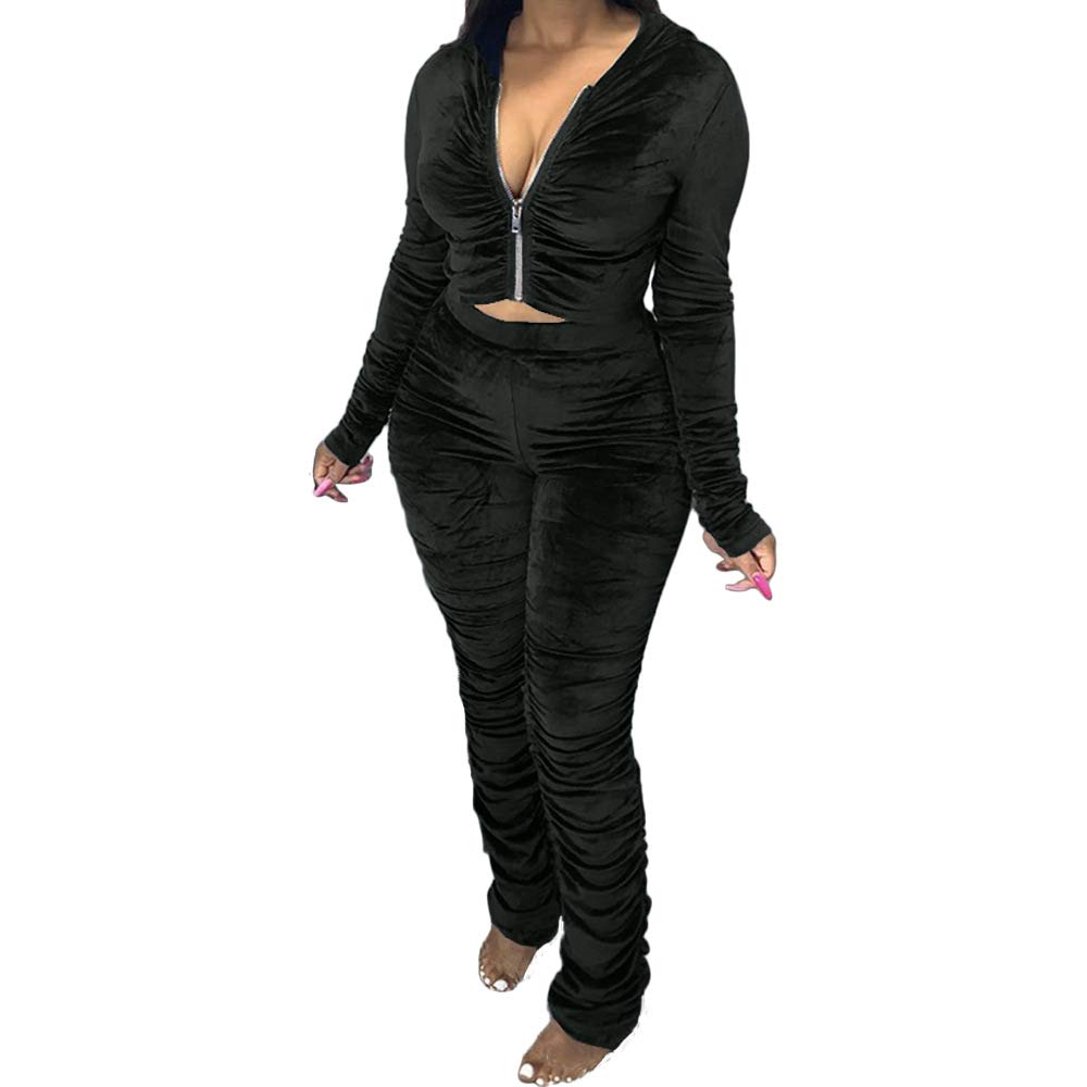 CCIGO Women's Long Sleeve Tracksuit Set 2 Piece Velvet Ruffled Zip-up Crop Top Sweatshirt and Jogger Pants Outfits X-Large Navy