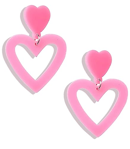 Pink Heart Earrings Double Heart Earrings Dangling Hot Pink Earrings Outfits Love Heart Dangle Earrings for Women Girls
