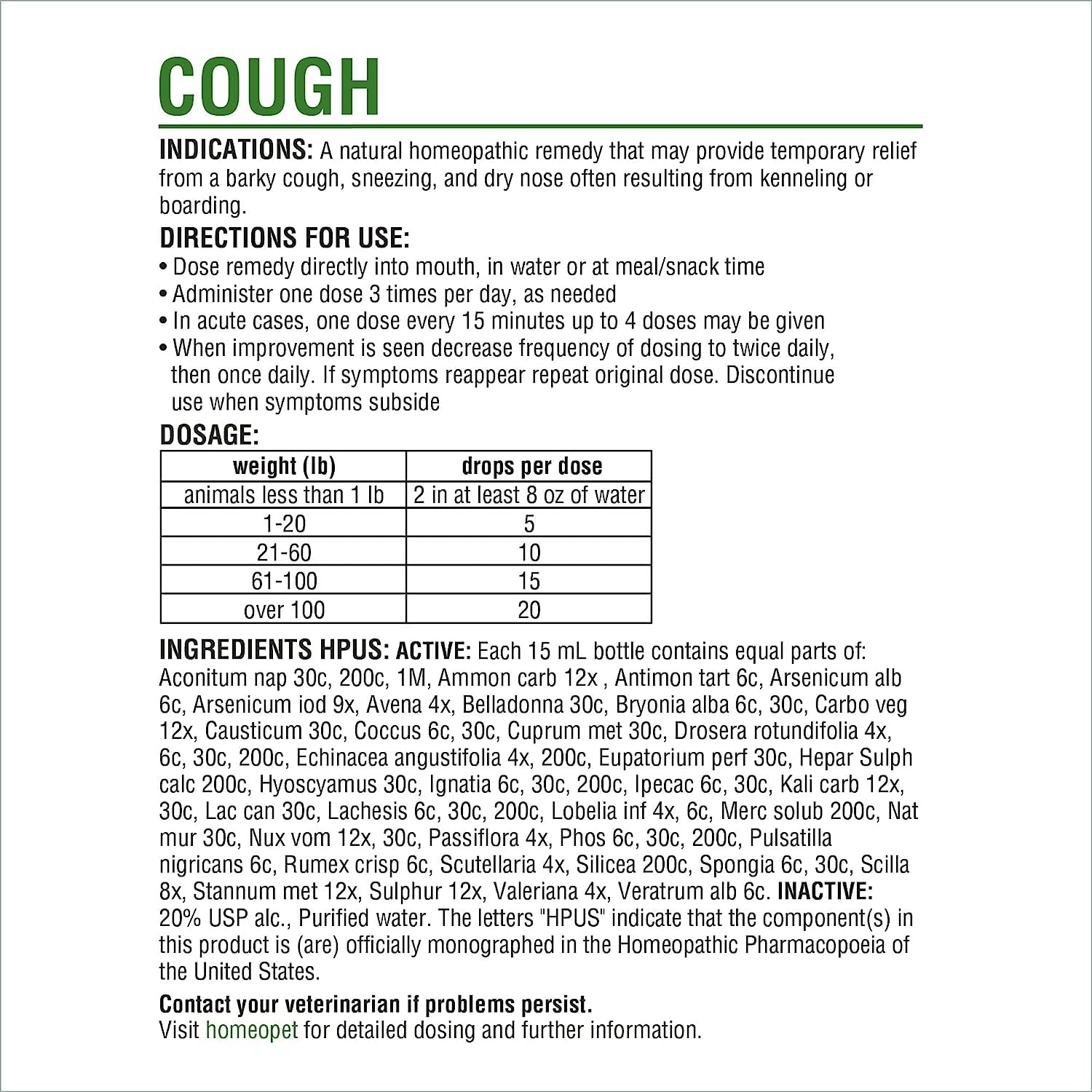 HomeoPet 2 Pack of Cough, 15 milliliters each, Homeopathic Remedy for Pets' Coughs and Colds