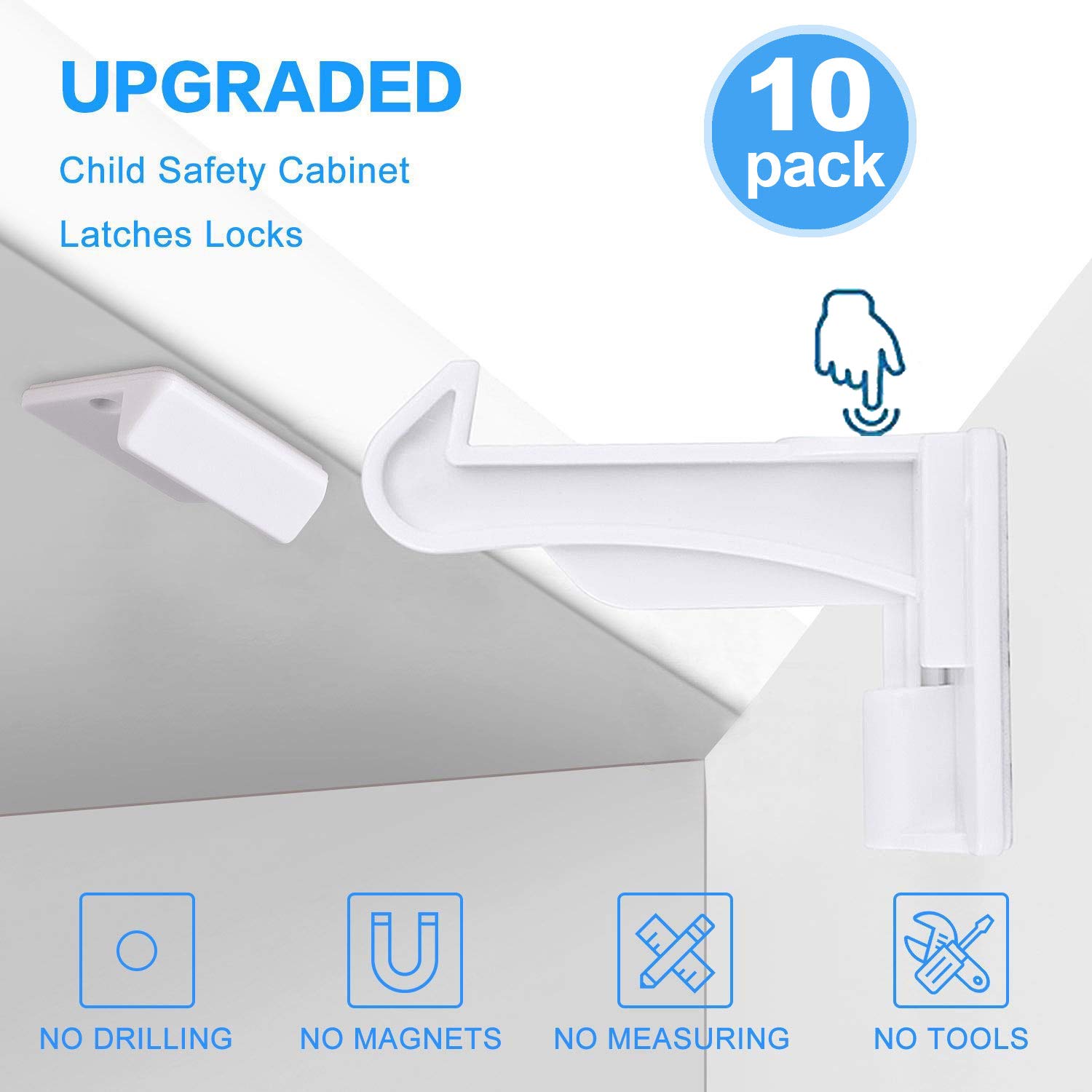 Cabinet Locks Child Safety, Childproof Drawer Locks, Slick Invisible Spring No Drill Baby Proofing Latches for Kitchen Bedroom Cabinets & Drawers with Strong Adhesive & 20 Screws Durable Fixed, 10Pack