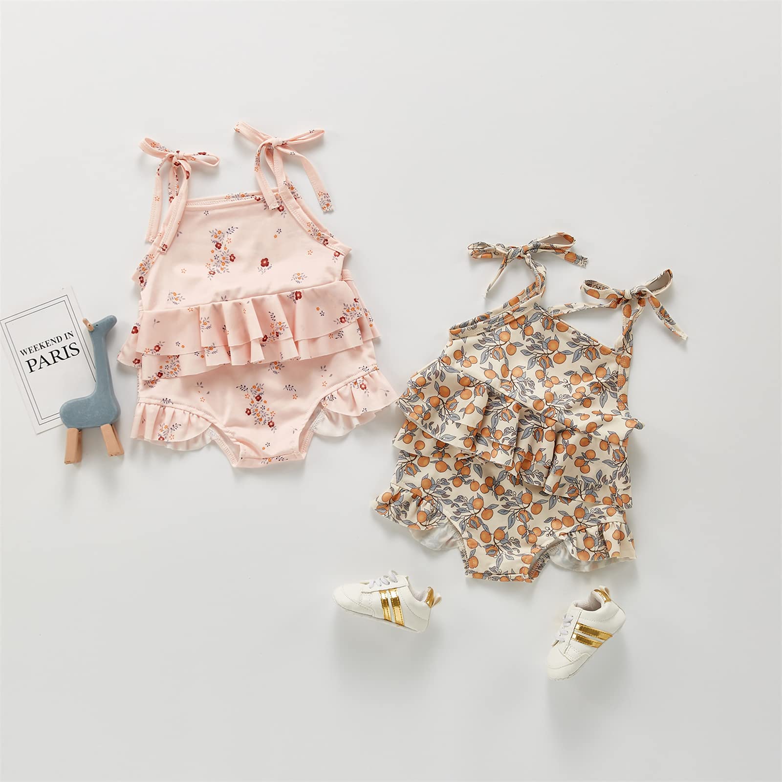 Infant Baby Girl Swimsuit One Piece Strap Ruffle Floral Bikini Swimwear Bathing Suit Summer Beach Wear (Orange Lemon, 3-6 Months)