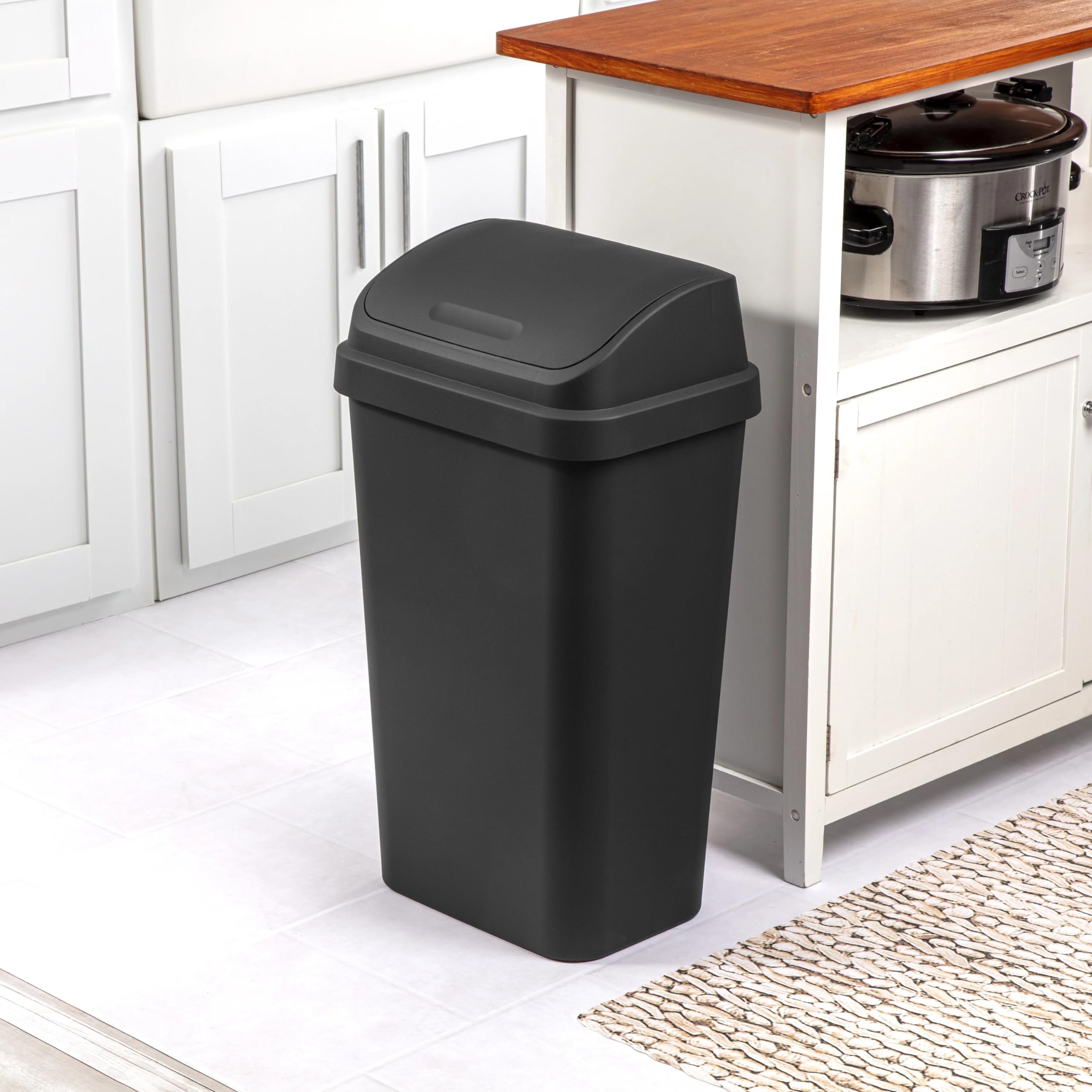 DqOasd Trash Can, Plastic Swing Top Kitchen Trash Can 13 Gallon (Black)