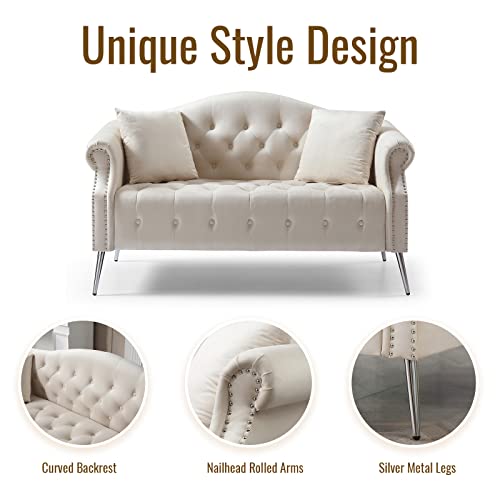 Homtique Velvet Loveseat Sofa for Living Room, Mid Century Modern Sofa Upholstered Button Tufted Rolled Arms and Metal Legs, 59.4" Small Sofa Couches for Small Spaces with 2 Pillows for Bedroom(Beige)