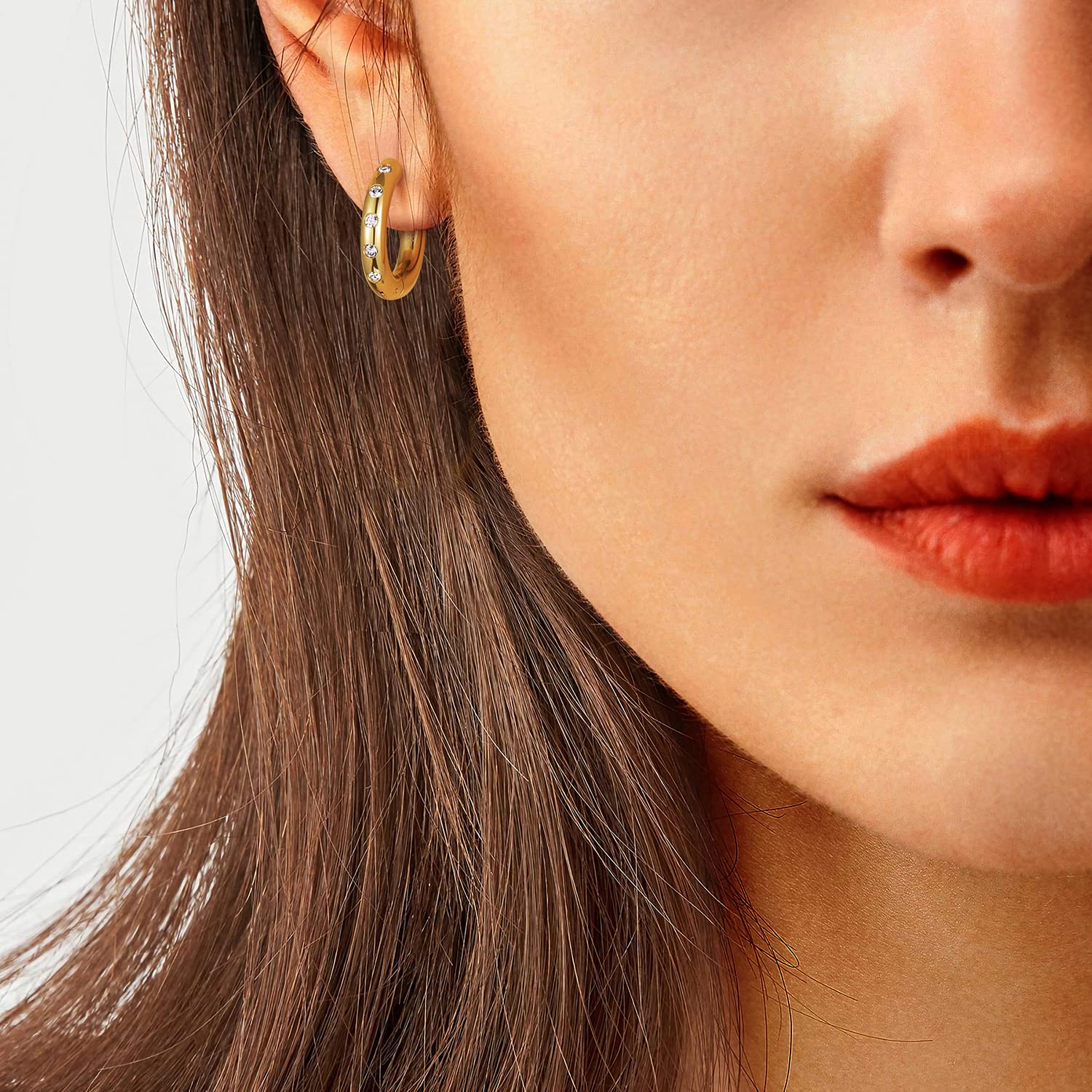 BUEMMR 14K Gold Plated Cubic Zirconia Chunky Hoop Earrings for Women, Simulated Diamond