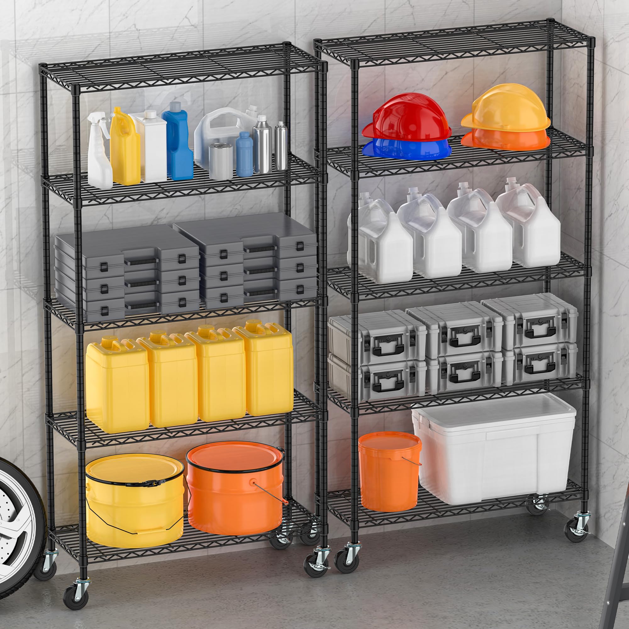 Folews Heavy Duty Storage Shelves 5-Tier, Wire Shelving Unit with Wheels & Adjustable Feet Metal Shelf Rack for Garage, Kitchen, Pantry, Laundry Room 400 Lbs Per Shelf - 14x36x75