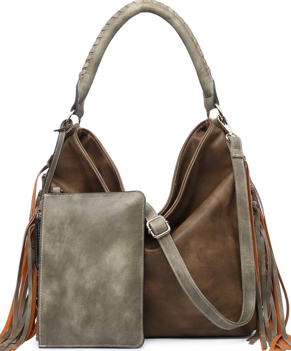 SHOMICO Womens Shoulder Bag Hobo Purse Crossbody Fringe Bags for Ladies Taupe Green Brown Large Big Oversize (Khaki)