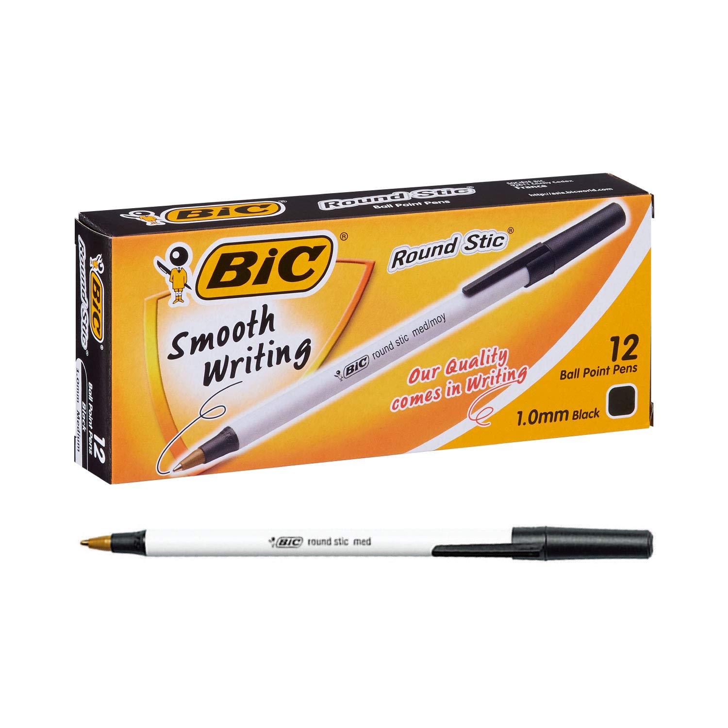 BIC Round Stic 1.0 mm med/MOY Ball Point Pen 1 Box 12 PCS (Pack of 12) (Black)