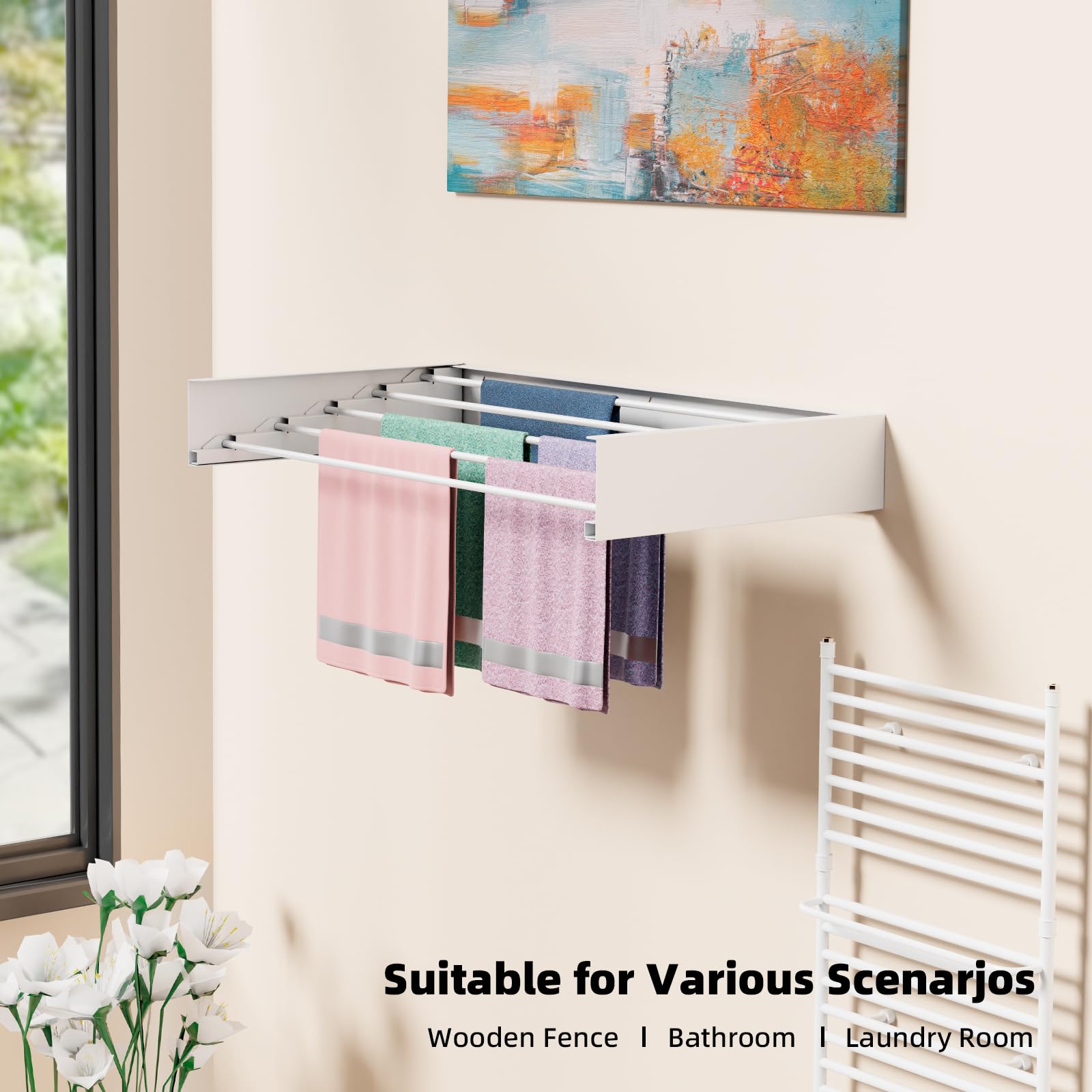 ZMBESUP Laundry Drying Rack Collapsible, Wall Mounted Drying Rack, Clothes Drying Rack, Retractable Wall Drying Rack, 31.5" Wide, 13.2 Linear Ft, 5 Aluminum Rods, 60 lb Capacity (White, 31.5" Wide)