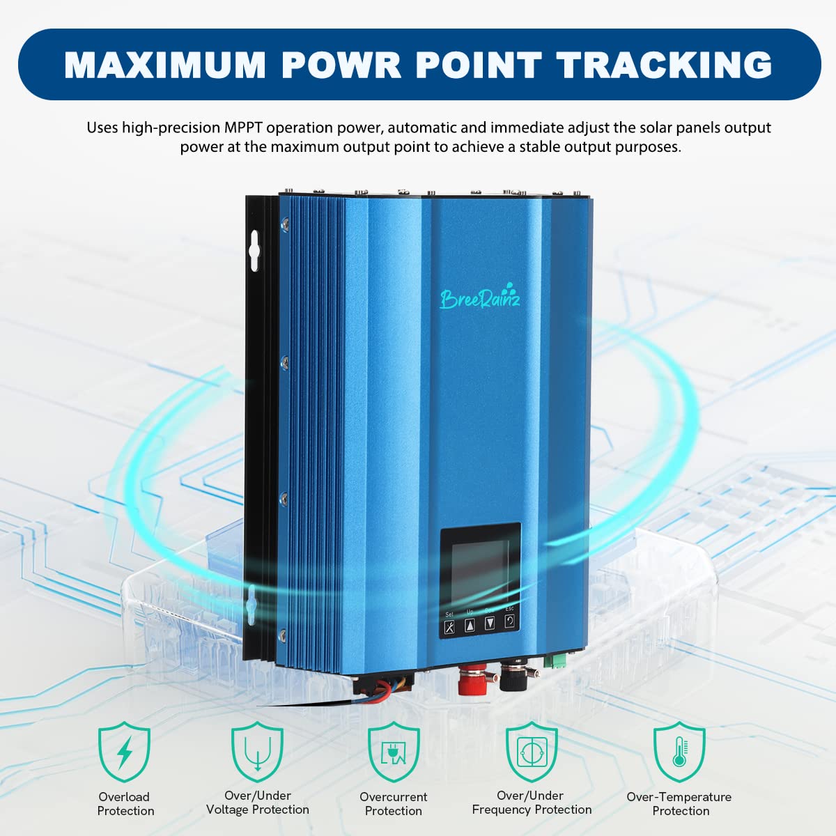 BreeRainz 1000W Solar Grid Tie Inverter with Limiter Sensor,Support 24V Battery or Solar Panel(Voc 26V~45V) Input,MPPT/Pure Sine Wave Output