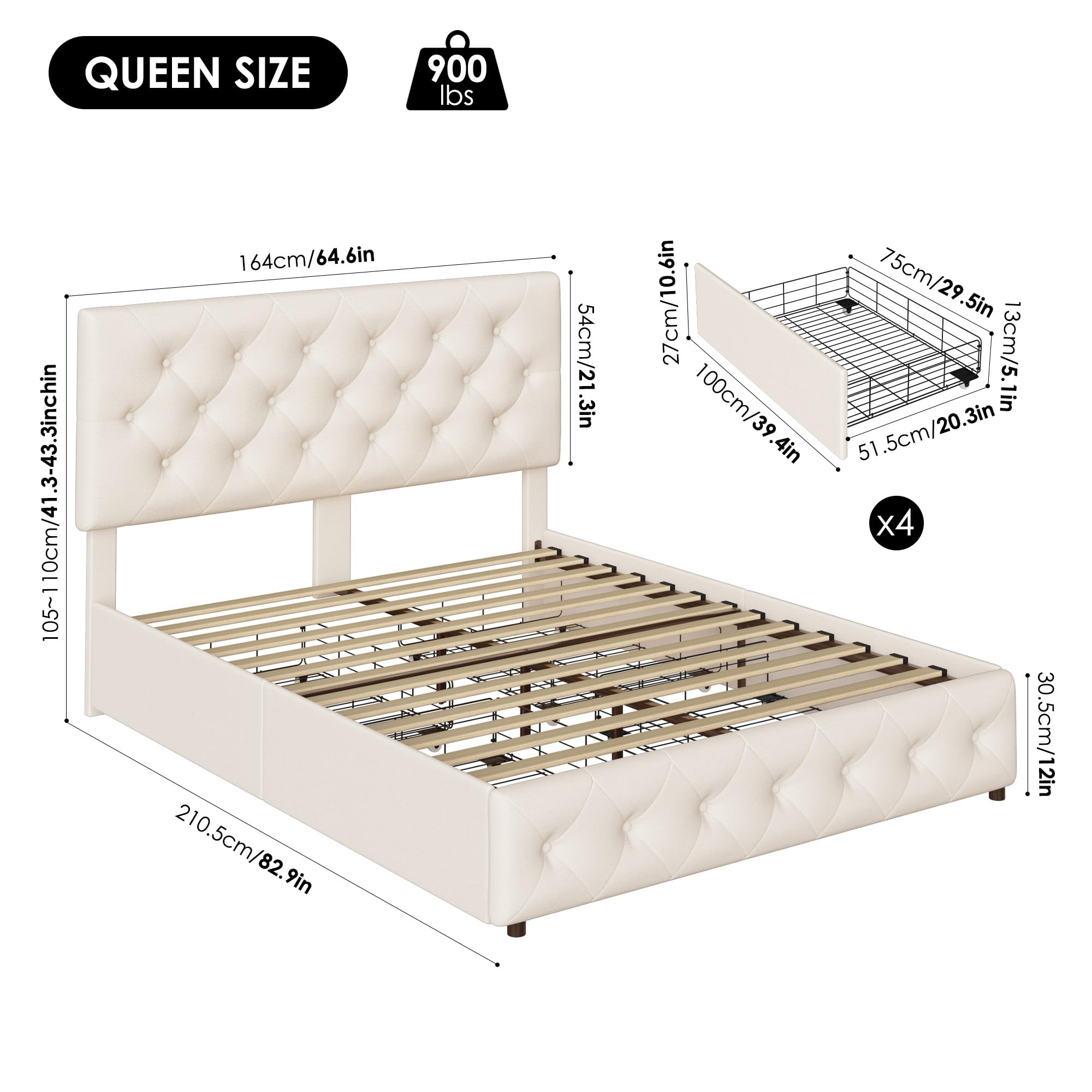 Keyluv Modern Upholstered Bed Frame with 4 Storage Drawers, Button Tufted Headboard Design, Solid Wooden Slat Support, Easy Assembly, Fabric, Beige, Queen Size