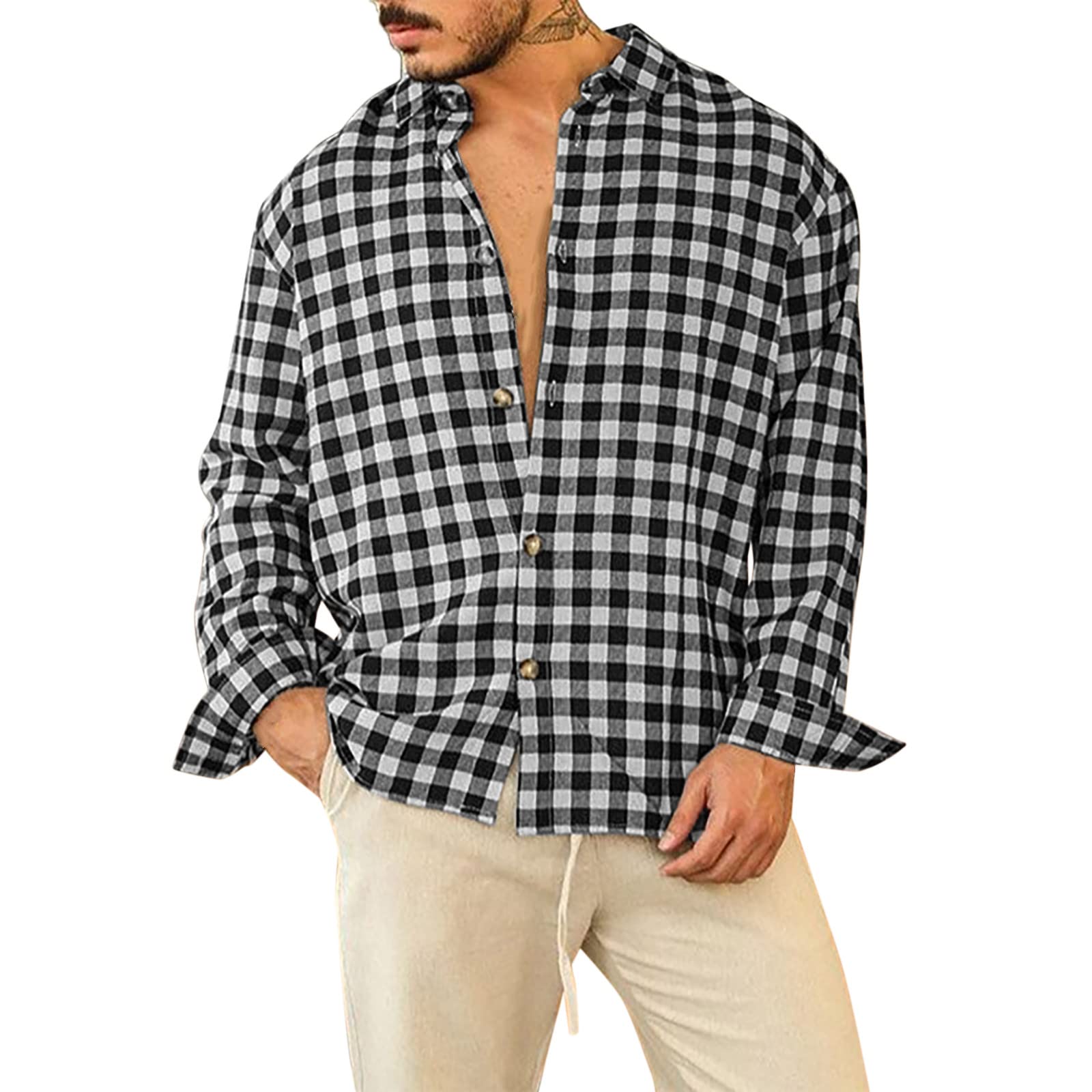 Button Up Shirt Men,Flannel Brushed Plaid Button Down Long Sleeve Coat Wool Plaid Shirt Coats Shirt Autumn and Winter