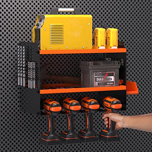 QZER Power Tool Organizer Wall Mount - Heavy Duty Drill Holder with 4 Drill Storage Slots & 2 Large Capacity Compartments, Cordless Drill Storage Rack & Garage Drill Charging Station