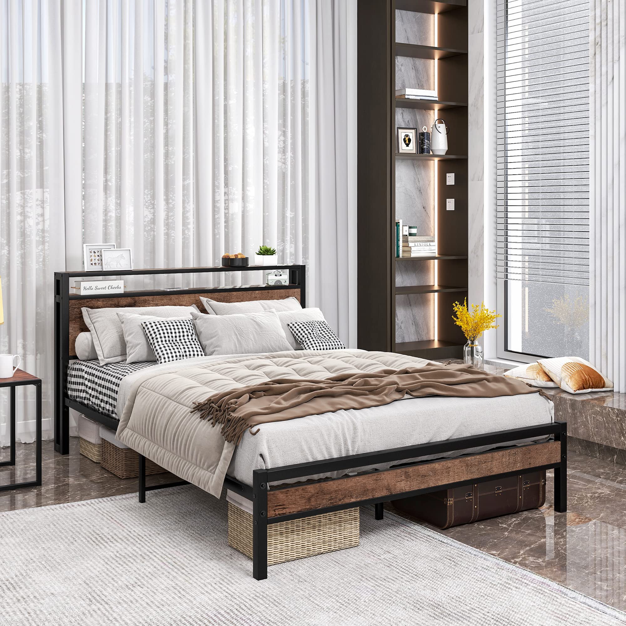 BOFENG Queen Bed Frame with 2-Tier Wood Storage Headboard,Metal Platform Bed Frame Queen Size Under Bed Storage No Box Spring Needed,Strong Support Legs,Noise Free