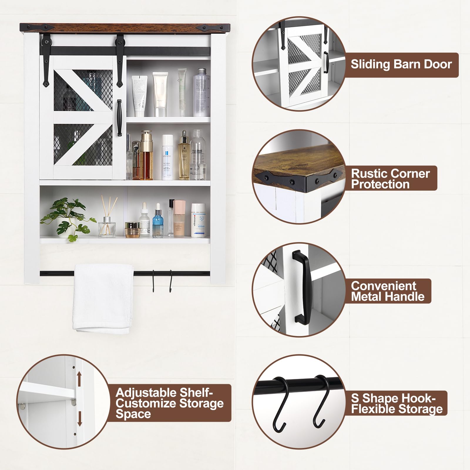 GAOMON Bathroom Organizer Cabinet, Over The Toilet Bathroom Cabinet with Towels Bar & Hooks, 3-Tier Over Toilet Cabinet with Sliding Barn Door for Bathroom Laundry Kitchen, Wall Mounted