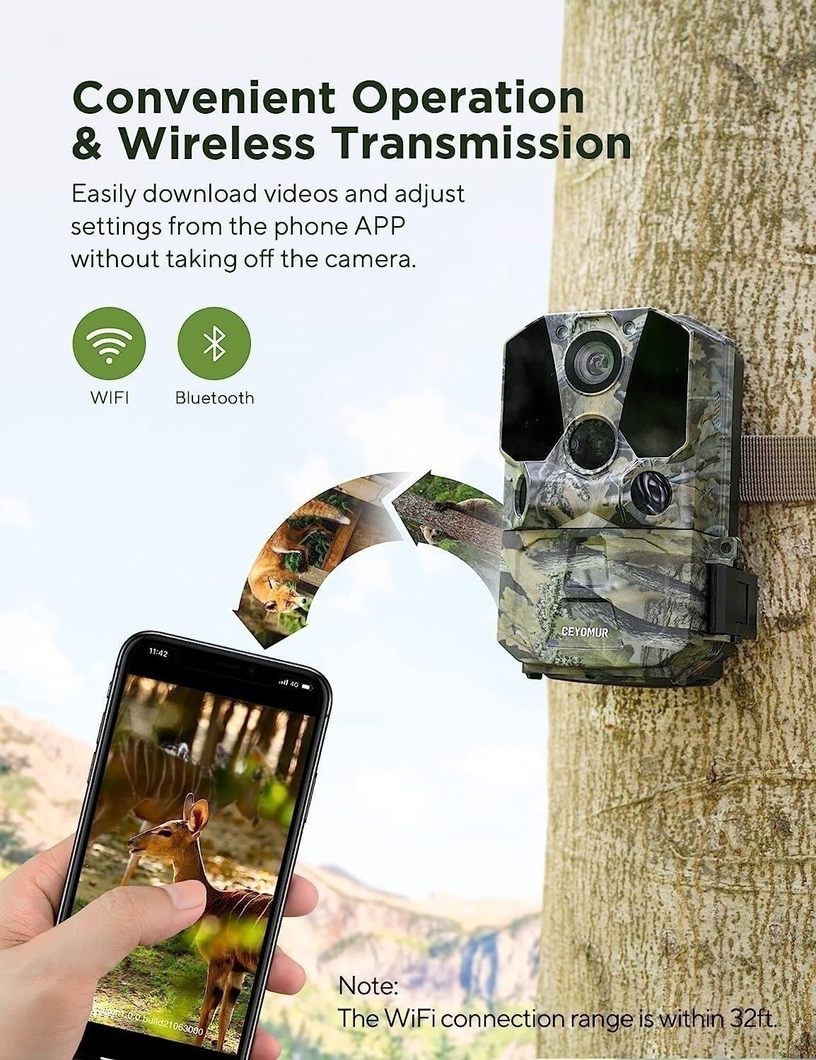 CEYOMUR Trail Camera, WiFi Bluetooth Native 30MP 1296P Hunting Camera with 120° Motion Sensor 0.2s Trigger Time Trail Game Camera with IR Night Vision and IP66 Waterproof for Wildlife Monitoring