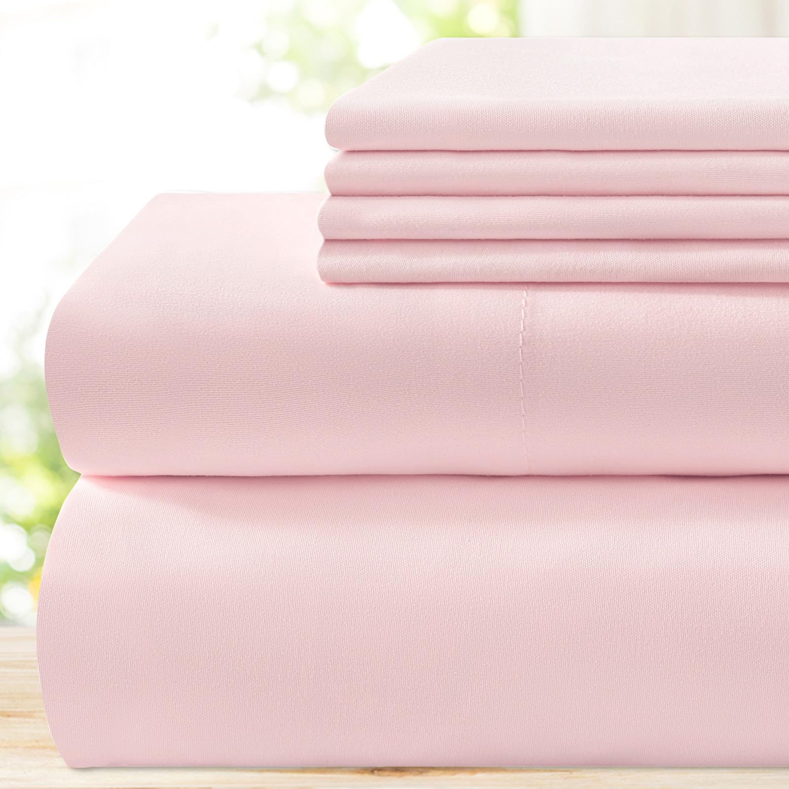 BYSURE 6 Pieces Bed Sheets Set(Full, Light Pink) - Super Soft 1800 Thread Count 100% Microfiber Sheets with Deep Pockets, Wrinkle & Fade Resistant