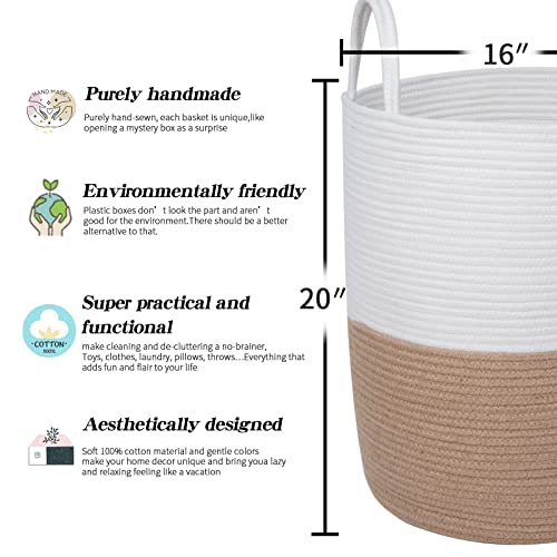 R RUNKA Extra Large Woven basket -16"x 20" Laundry Basket with Handle -Clothes Hamper, Laundry Hamper for Bedroom Living Room,Nursery Decor| Wicker Storage Basket - Off White & Jute
