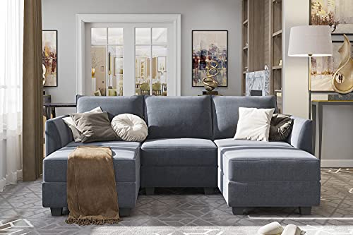 HONBAY Modular Sectional Sofa with Reversible Chaises Sofa with Ottoman U Shaped Sectional Couch for Living Room, Bluish Grey