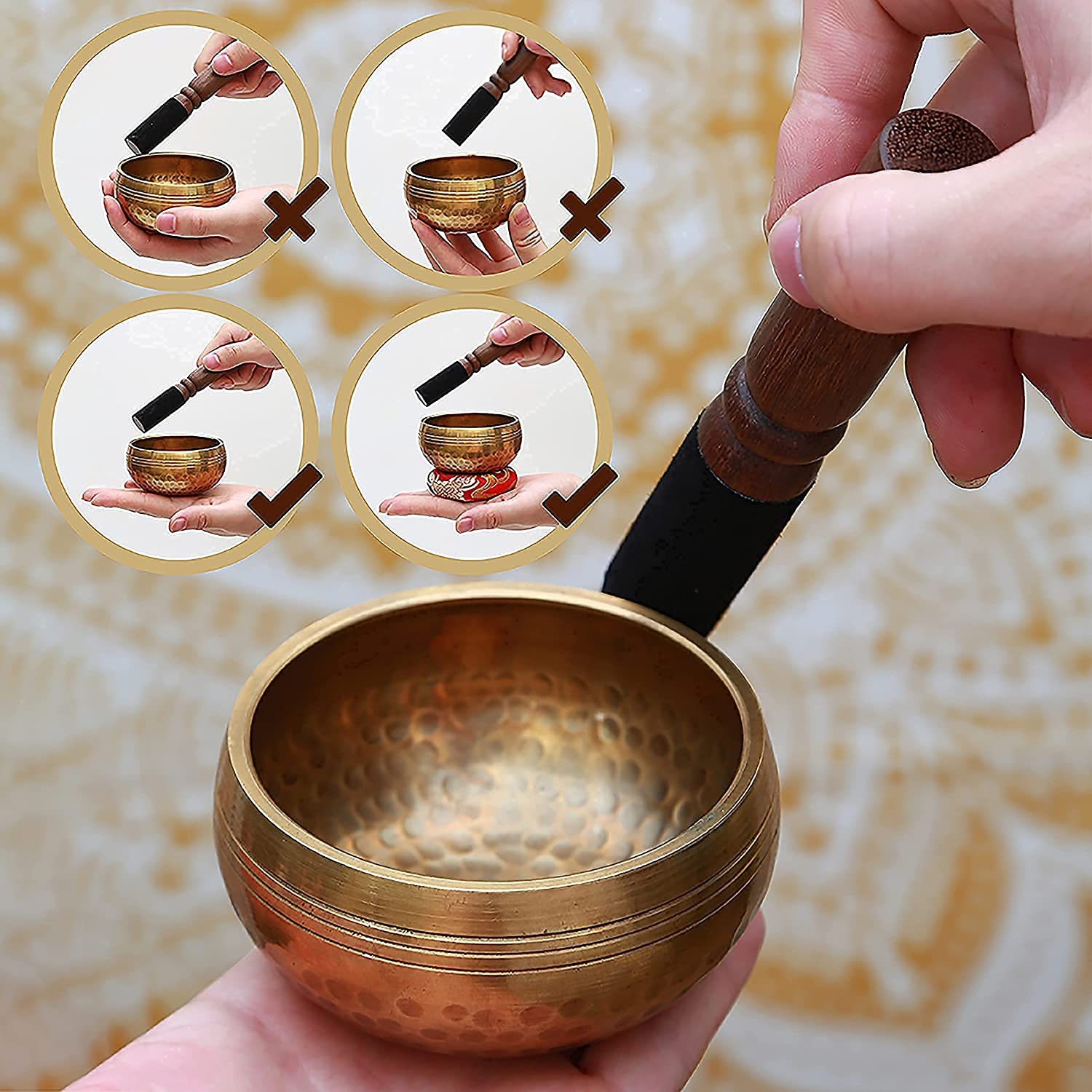 Tibetan Singing Bowl Set (3.74 inch) with Meditation Singing Bowl, Tingsha Cymbals for Healing, Yoga, Meditation, Mindfulness and Relaxation(Antique Light Brown 004)
