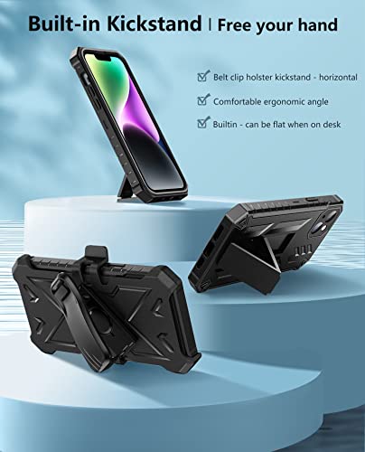 FNTCASE for iPhone 14Plus Phone Case: Rugged Protective Belt Clip Holster Heavy Duty with Built in Kickstand - 360 Protection Shockproof Cover for Apple iPhone 14 Plus Cases, 6.7inch (Matte Black)