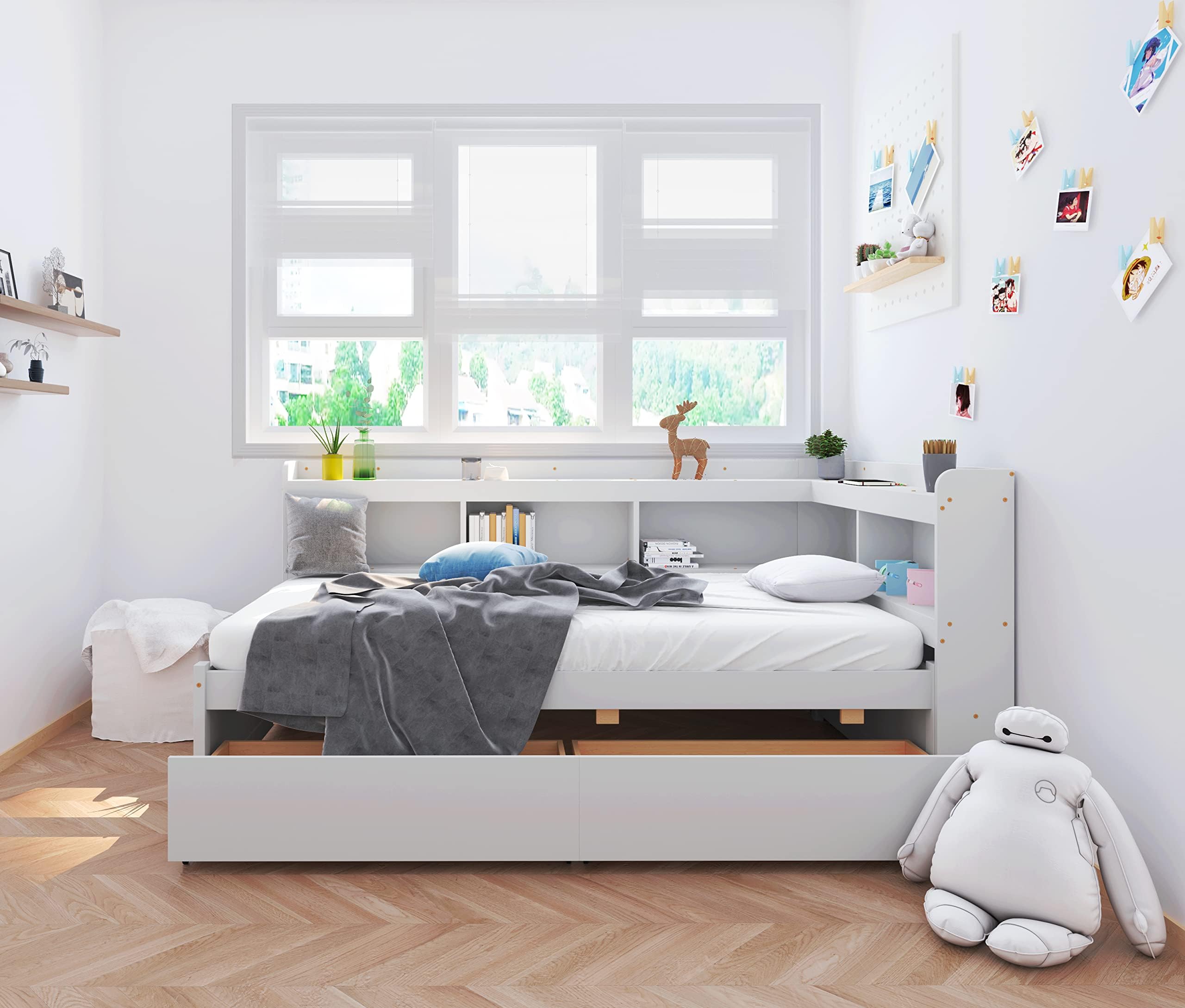 DEINPPA Twin Size Bookcase Bed, L Shape Captain Bed Frame with Storage Drawers, Wooden Platform Bed with Bookcase Headboard, Hug Bed Frame for Kids Teens Boys Girls-White