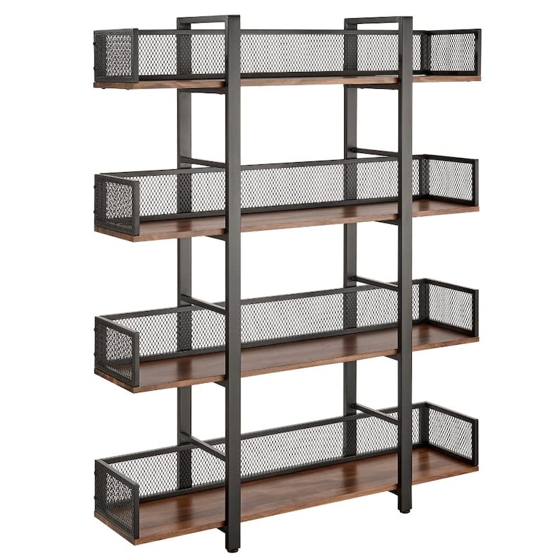 TODDLA 4 Tier Industrial Book Shelf, Solid Wood Bookcase, Rustic Book Case, Metal and Wood Book Shelf, Pine Wood Bookshelves, Real Wood Bookshelf
