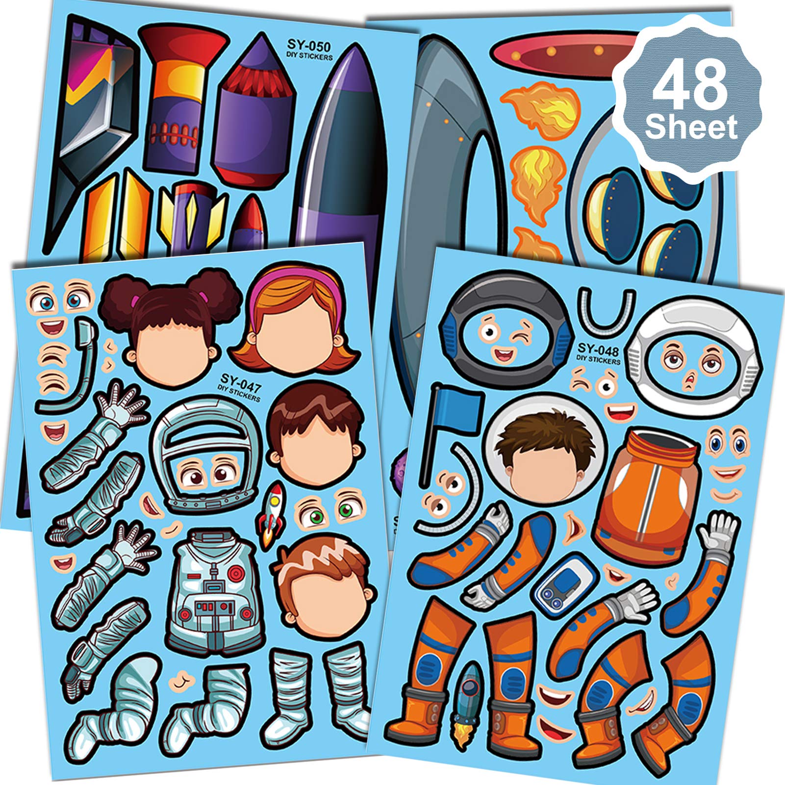 Konsait 48Sheets Outer Space Make Your own Stickers, Make A Face Stickers Solar System Universe Outer Space Theme Party Favor Stickers for Boys Girls Birthday Goodie Bag Filler School Rewards