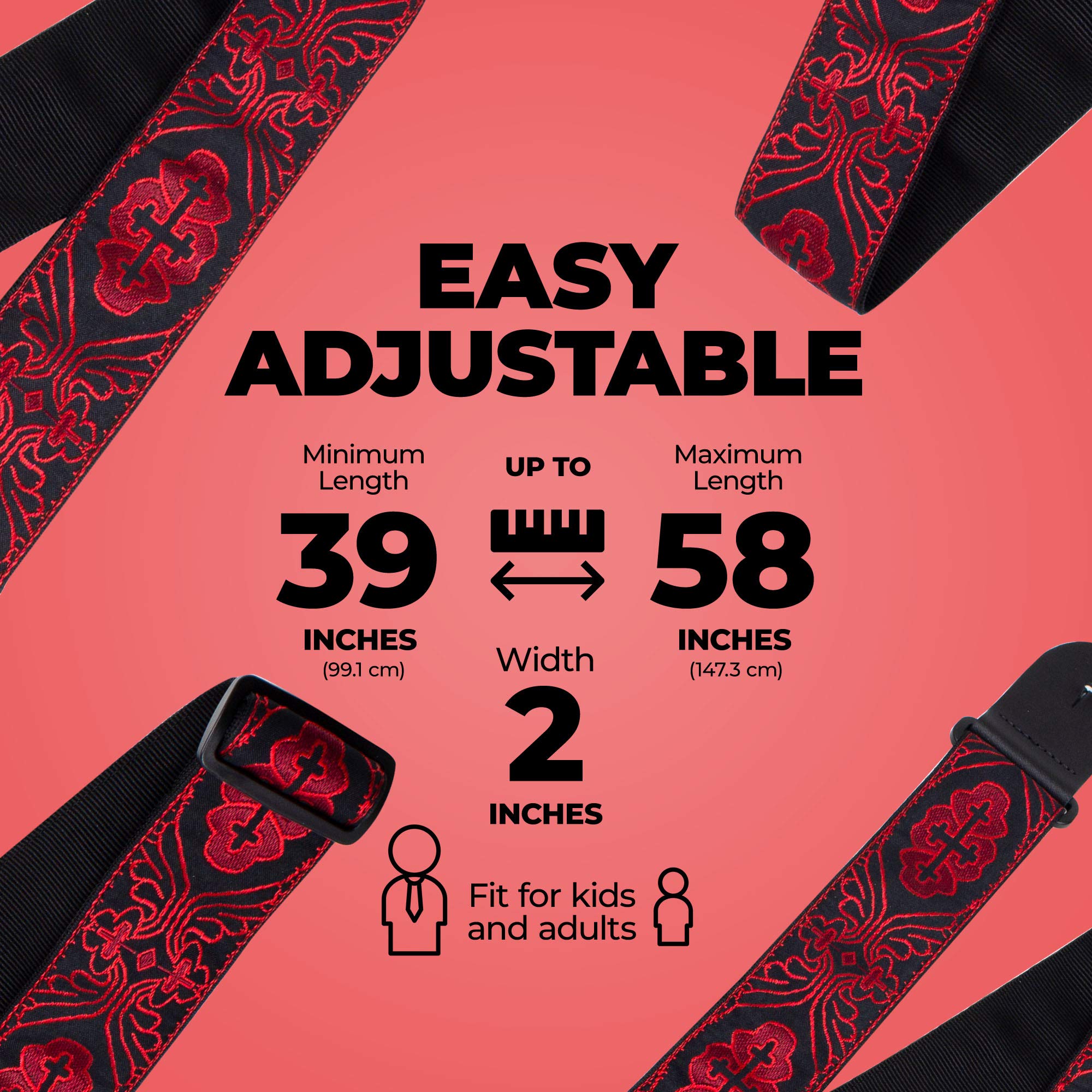 Perris Leather Guitar Strap - Red Crosses Jacquard Ribbon Guitar Strap, with Leather Ends - Electric/Acoustic/Bass Guitar Strap - Adjustable Strap From 39″ to 58″ - Red/Black (TWS-7071)