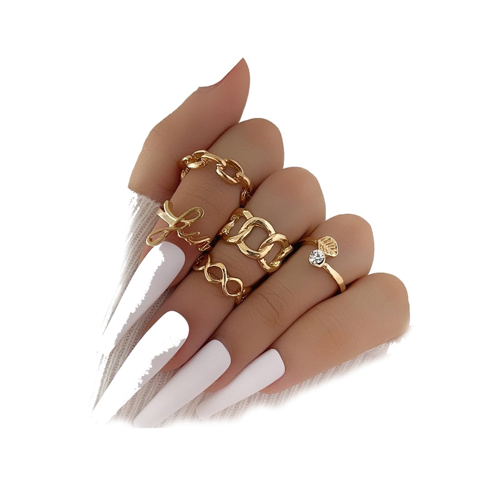 Chmier 5 Pcs Punk Gold Knuckle Rings Set Cuban Link Chain Band Rings Leaf Stackable Rings for Women and Men