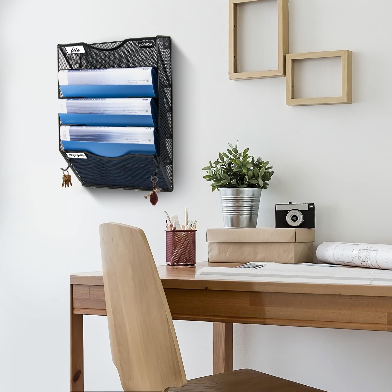BOHDK Wall File Organizer, 5 Tire Hanging File Folder Organizer, Vertical Mesh Metal Door/Wall Mount Hanging File Holder, Paper Document Magazine Rack with Hooks for Home Office Black