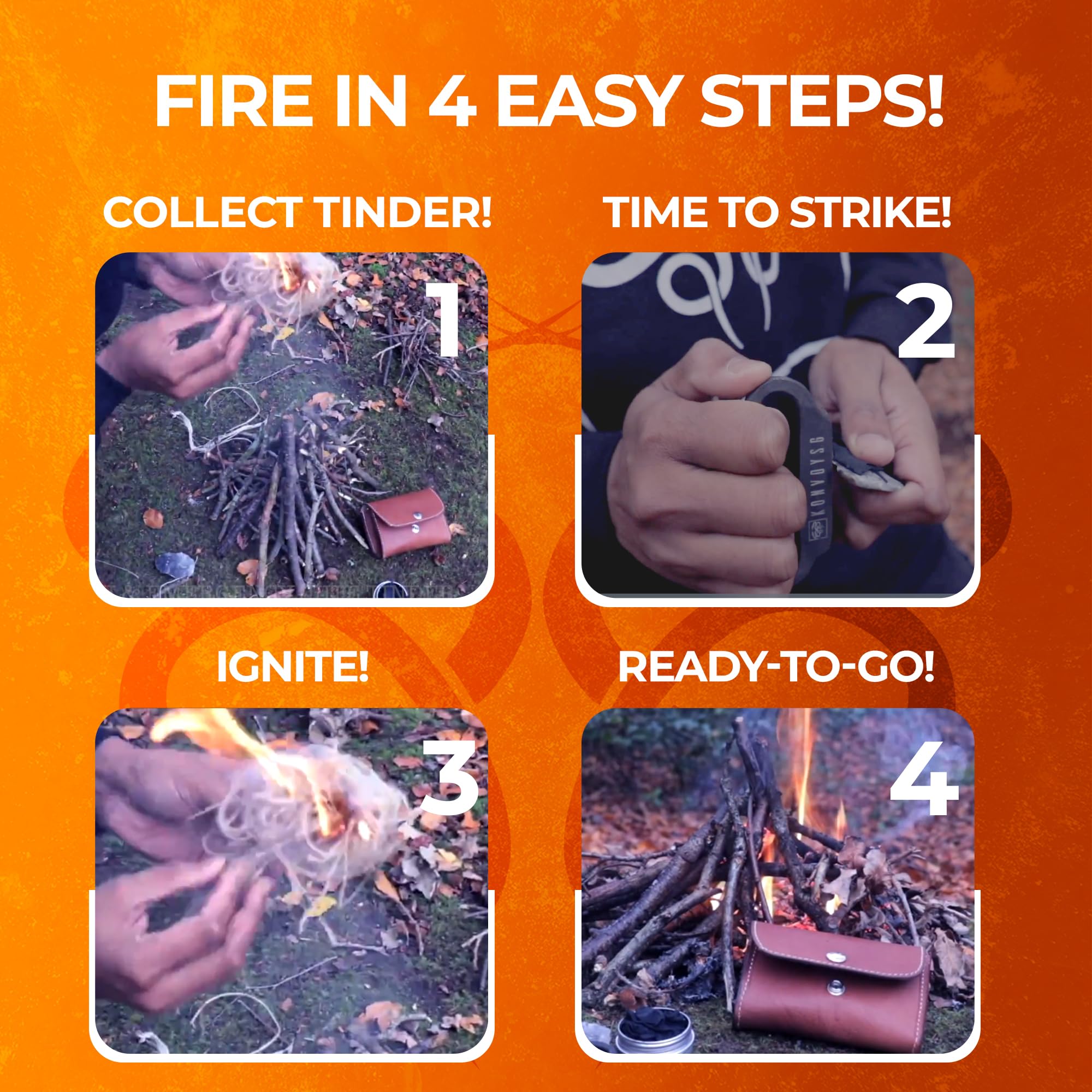 KonvoySG Carbon Steel Fire Striker, English Flint Stone & Char Cloth Traditional Hand Forged Fire Starter, Leather Gift Kit with Emergency Tinder Jute Bag (Cognac)