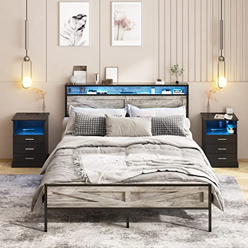 Halitaa LED Full Size Bed Frame with Charging Station, Platform Metal Bed Frame with Headboard Storage & USB Ports Outlets, Farmhouse Bed Frame with Lights for Bedroom, Noise Free, Wash Grey (Full)