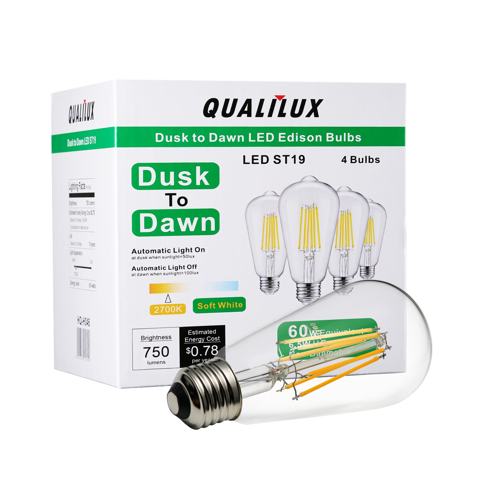 Dusk to Dawn Edison Light Bulbs ST58(ST19) Vintage, Soft White 2700K, 6.5W=60W, Non-Dimmable Auto On/Off, Light Sensing LED Filament Bulb Outdoor for porch patio garage garden,750LM, E26, 4-Pack