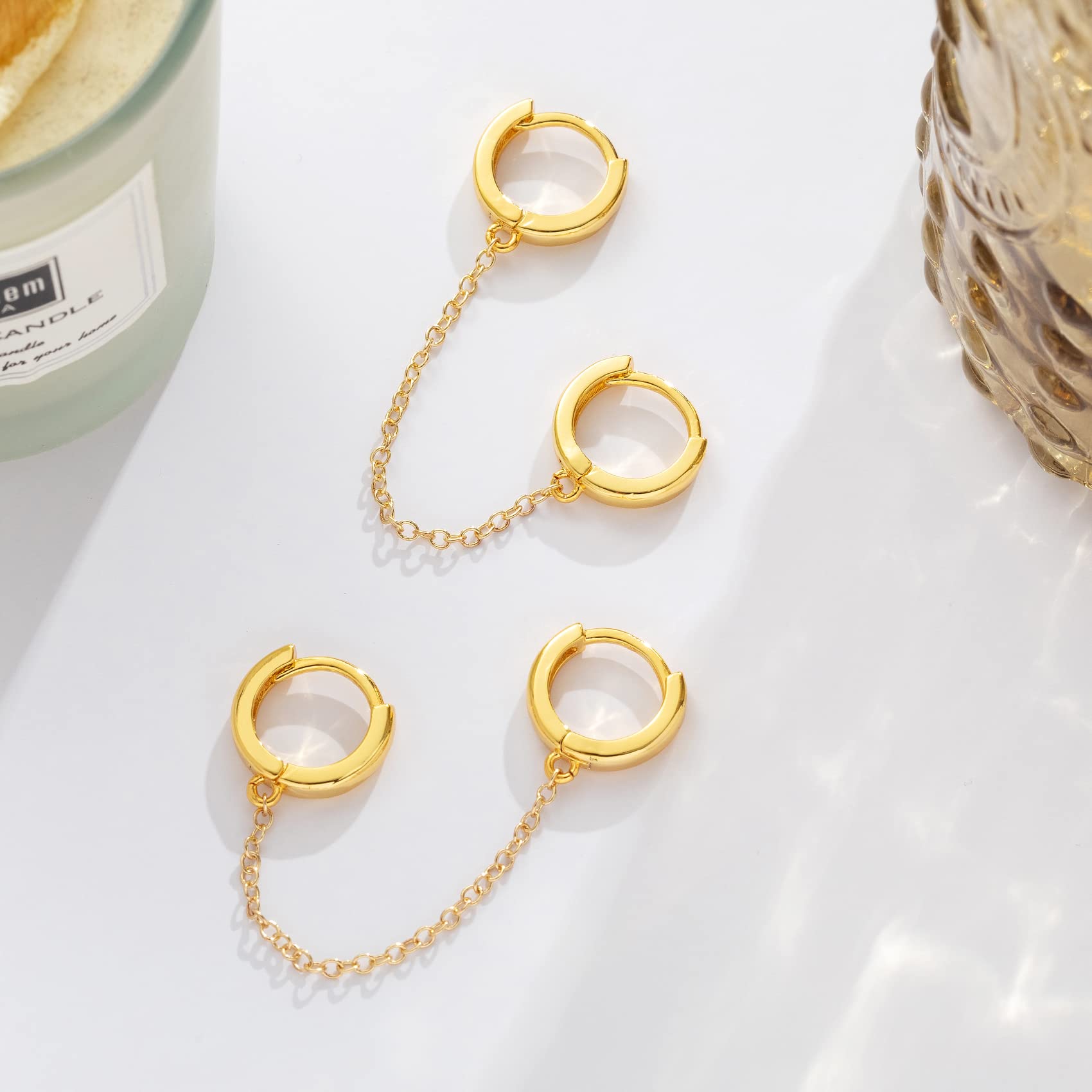 Chain Hoop Earrings | S925 Silver Gold Chain Earrings for Women Double Piercing Two Holes Huggie Earrings aretes de cadena
