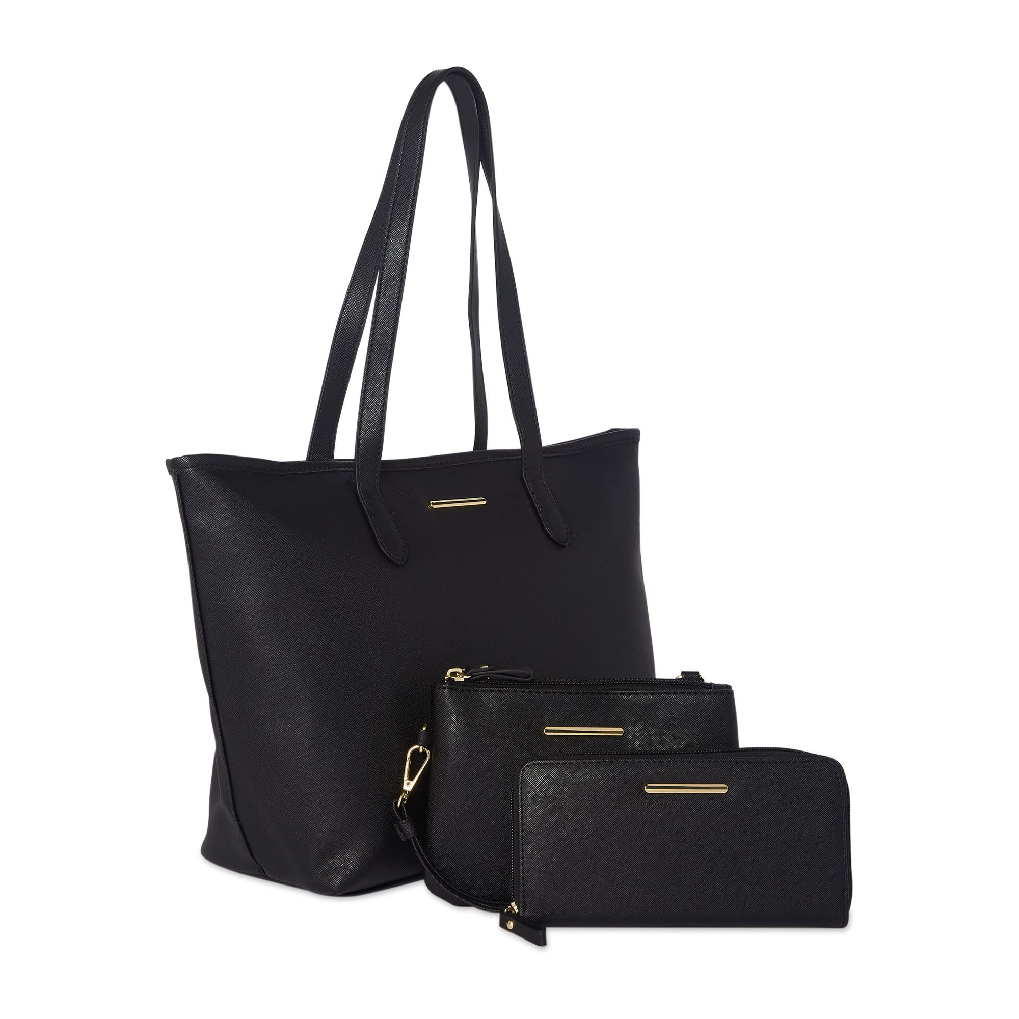 Time Tru Women's Faux Leather Vegan 3-Piece Handbag Set Tote, Wristlet and Wallet (Black Saffiano)