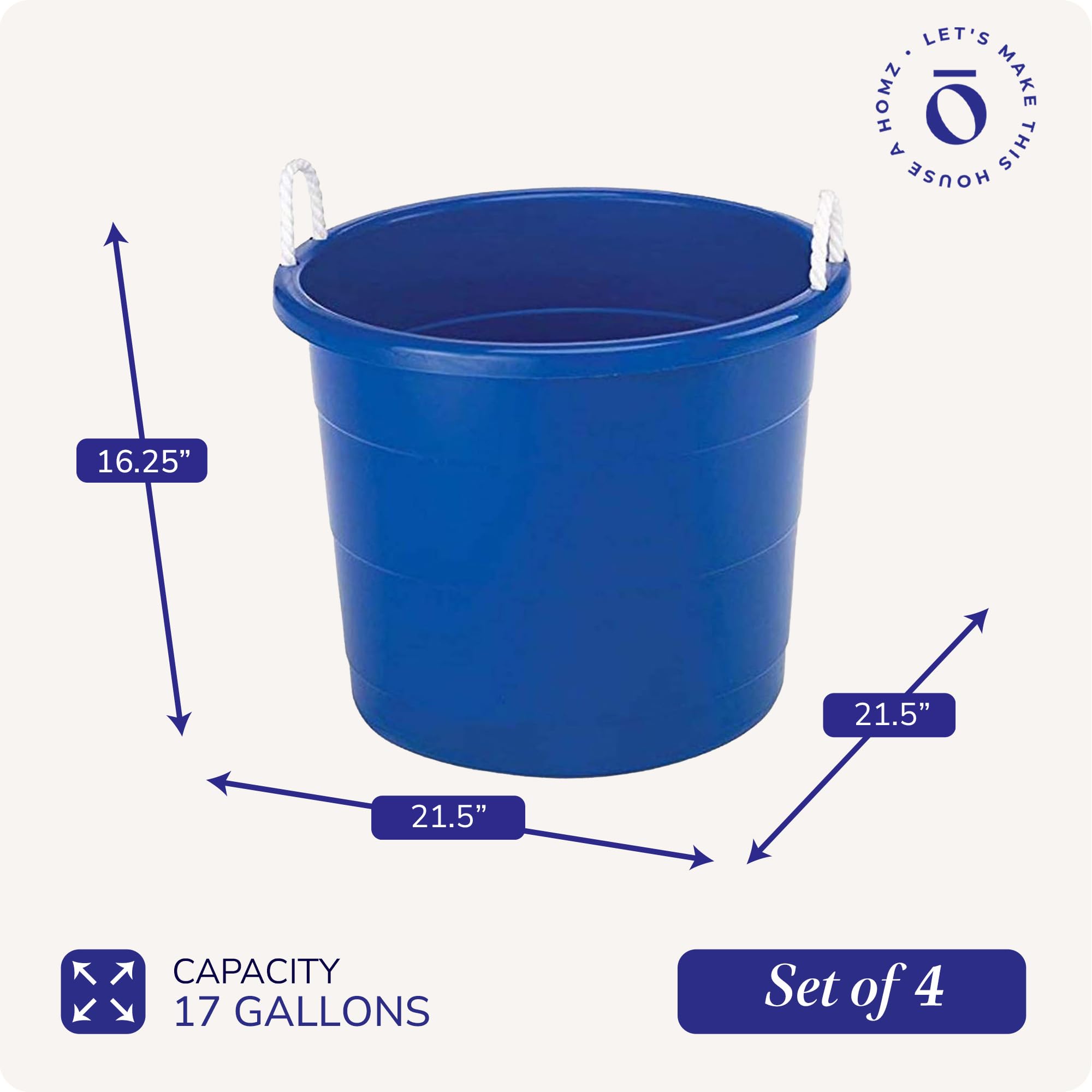 HOMZ 17-Gallon Plastic Multipurpose Utility Storage Bucket Tub with Strong Rope Handles for Indoor and Outdoor Use, Blue (4 Pack)