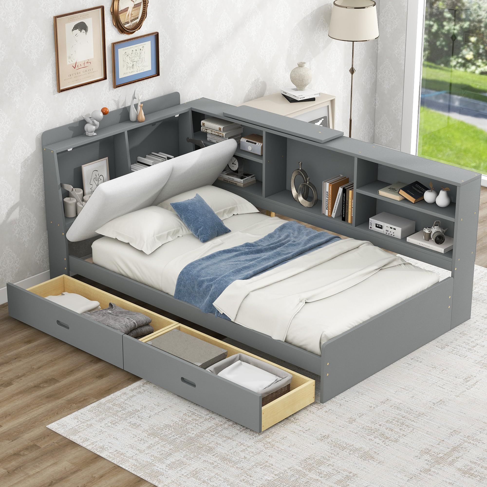 DNChuan Twin Size L-Shaped Daybed with Upholstered Storage Headboard and Underneath Drawers,Captains Bed with Bookcase,Rotatable Table Board,Gray