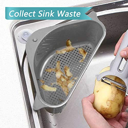 Eutreec Sink Basket, Triangular Multifunctional Drain Shelf Sink Storage Rack Kitchen Sucker Storage Holder Sink Corner Strainer Bathroom Hanging Shelf Soap Box Organizer (Gray)