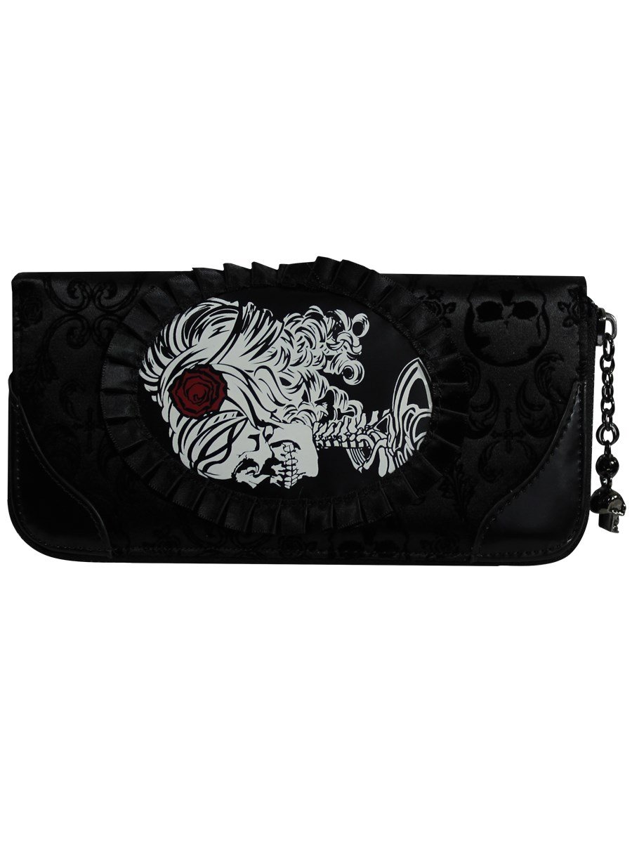 Lost Queen Black Flocked Cameo Skull Lady Rose Gothic Zip Around Wallet
