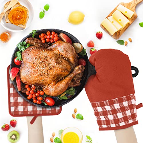 Oven Mitts and Pot Holders, 4 Piece Heat Resistant Thick Cotton Oven Mitts, Comfortable Cotton Oven Gloves for Cooking, Baking and Grilling, Red Plaid