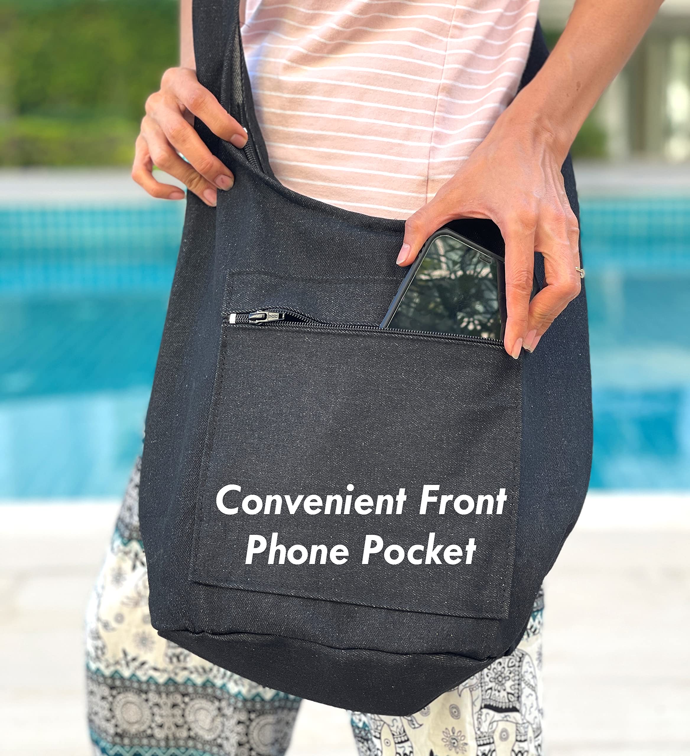 Black Canvas Hobo Crossbody Bag - Handmade Hippie Denim Jean Purse - Front Zippered Pocket M - Medium